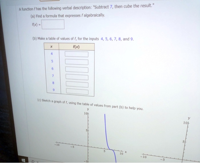 SOLVED: function has the following verbal descriptlon: "Subtract 7 , then cube the result: (a ...