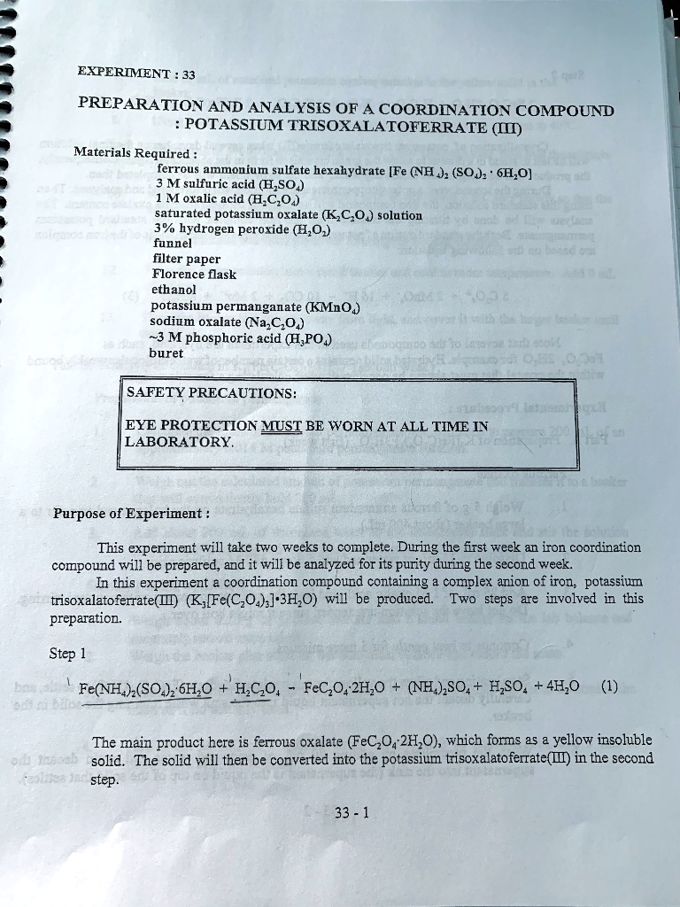 SOLVED: EXPERIMENT PREPARATION AND ANALYSIS OF A COORDINATION COMPOUND ...
