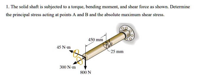 The solid shaft is subjected to a torque, bending moment, and shear ...