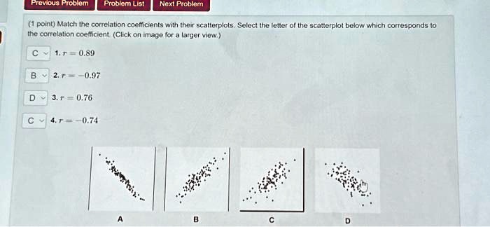 (1 point) Match the correlation coefficients with their scatterplots ...