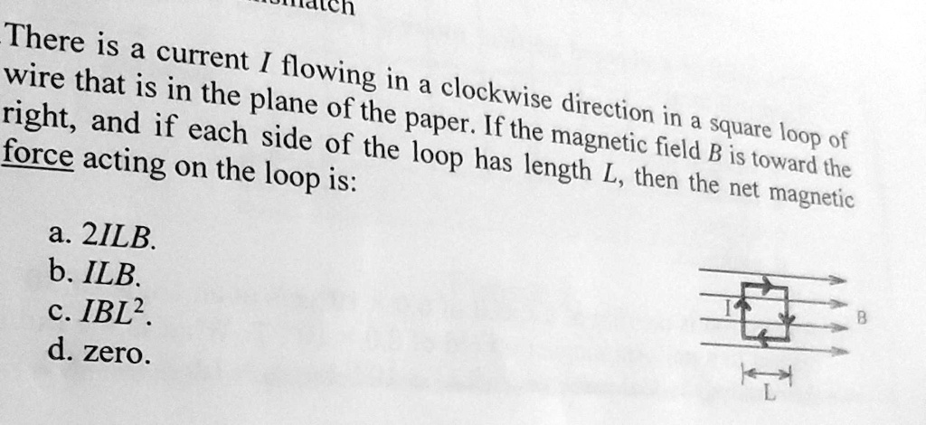 There is a current I flowing in a clockwise direction in a square loop of wire that is in the ...