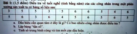 Bài 1: (1,5 ?i?m) ?i?u tra v? tu?i ngh? (tính b?ng n?m) c?a các công nhân trong m?t phân x??ng s ...