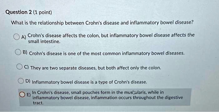 SOLVED: Question 2 (1 point) What is the relationship between Crohn's ...