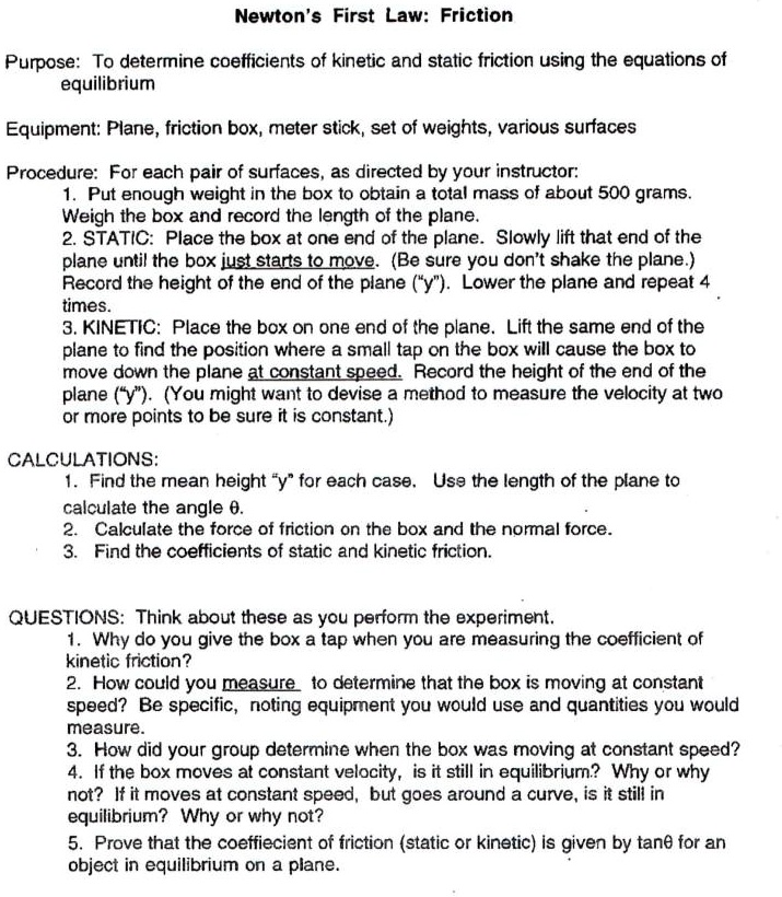 newtons first law friction purpose to determine coetficients of kinetic ...
