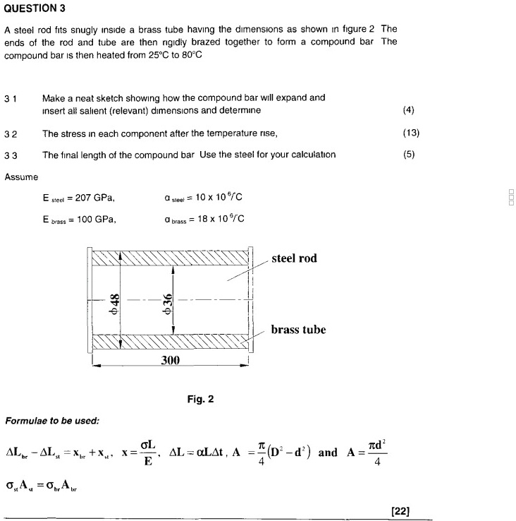 SOLVED: QUESTION 3 A steel rod fits snugly inside a brass tube having ...