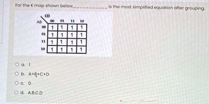 SOLVED: For the K map shown below; is the most simplified equation ...
