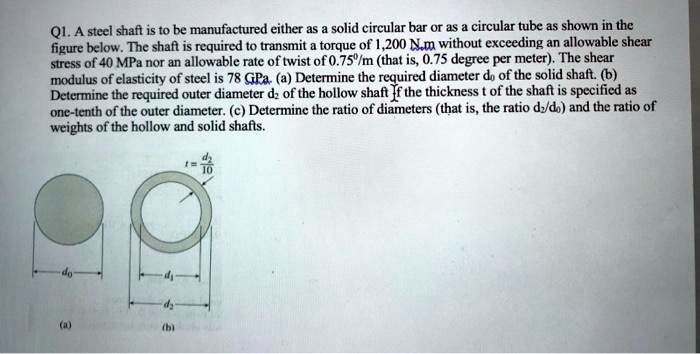 SOLVED: A steel shaft is to be manufactured either as a solid circular bar or as a circular tube ...