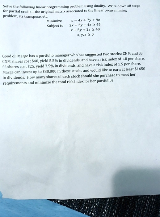SOLVED: Solve the following linear programming problem using duality ...