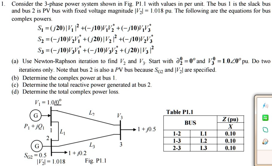 SOLVED: Consider the 3-phase power system shown in Fig. P1.1 with values in per unit. The bus 1 ...