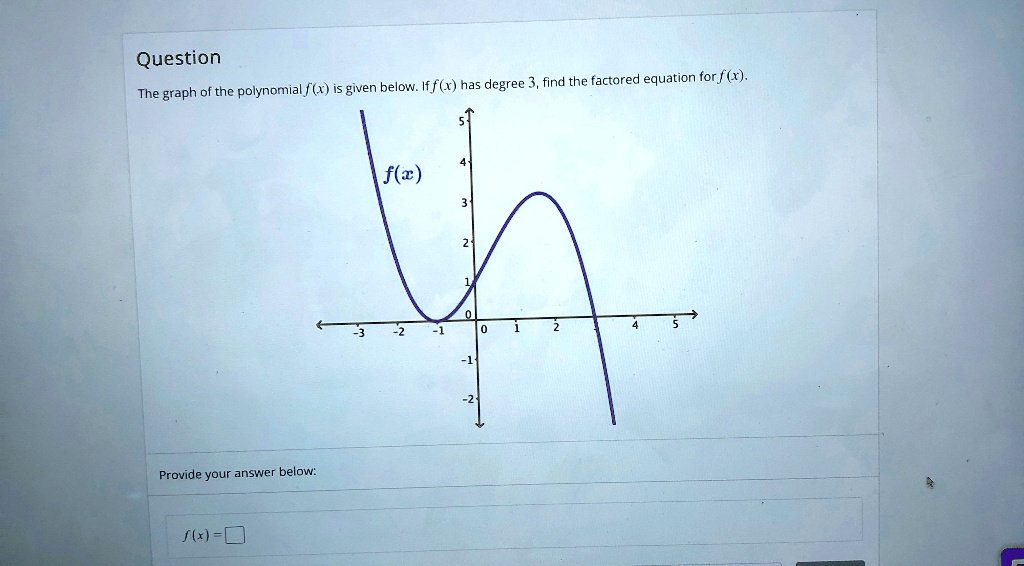 SOLVED: Question: The graph of the polynomial f(x) is given below. If f(x) has degree 3, find ...