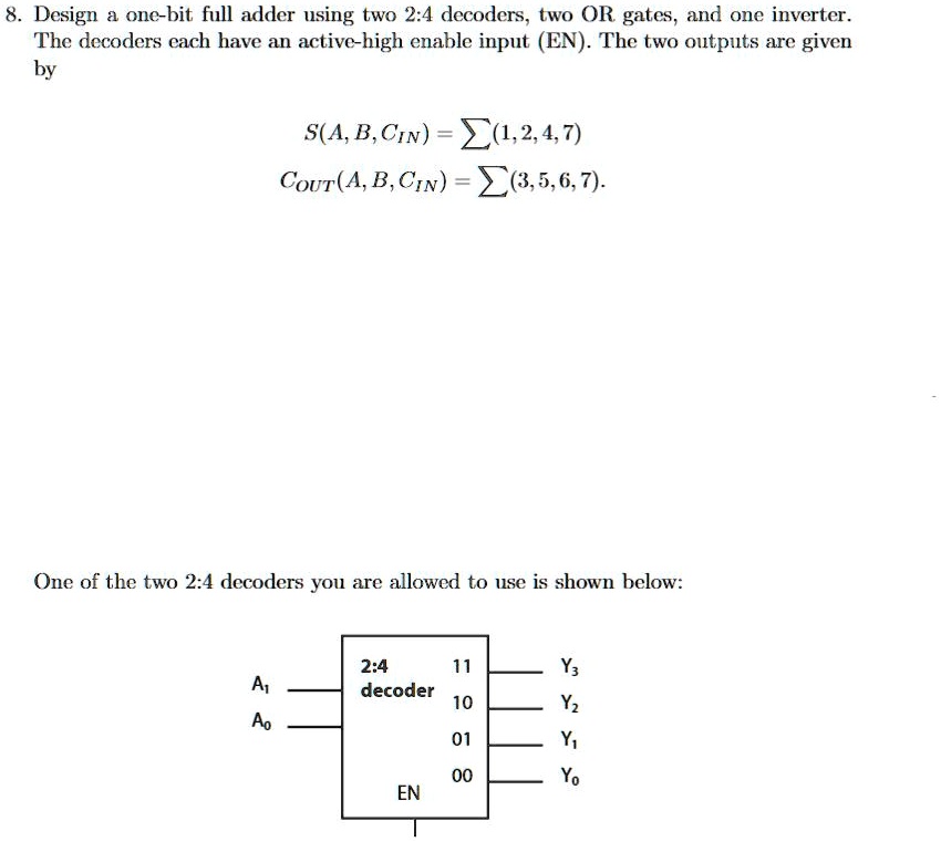 SOLVED: Design a one-bit full adder using two 2:4 decoders, two OR ... SOLVED: Design a one-bit full adder using two 2:4 decoders, two OR ...