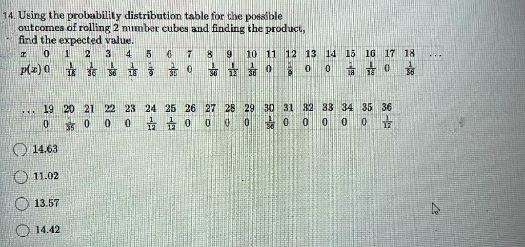 using the probability distribution table for the possible outcomes of rolling 2 number cubes and ...