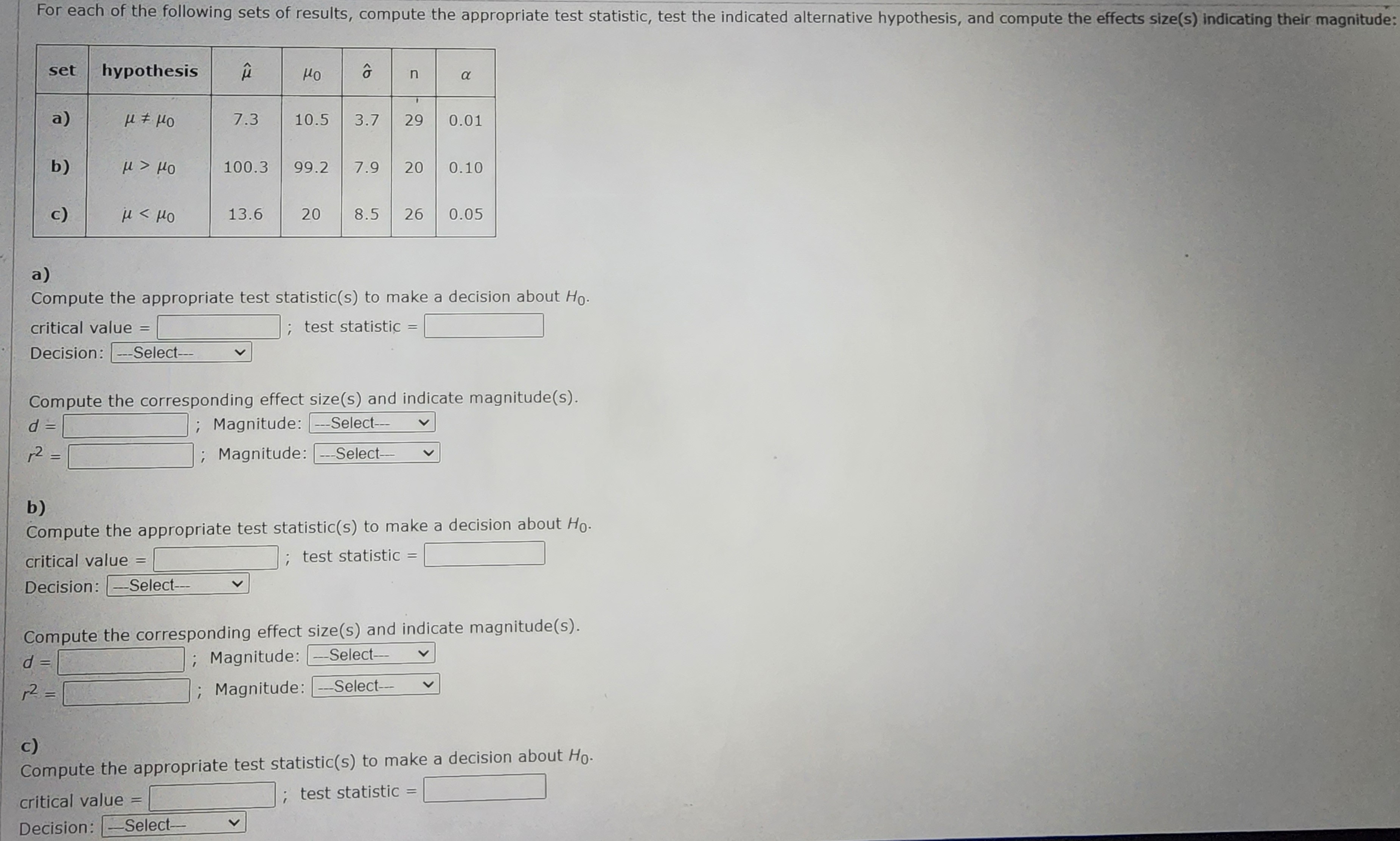 SOLVED: For each of the following sets of results, compute the ...