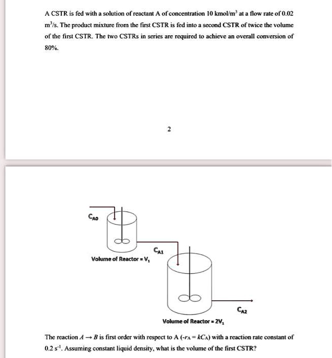 SOLVED: A CSTR is fed with a solution of reactant A of concentration 10 kmol/m^3 at a flow rate ...