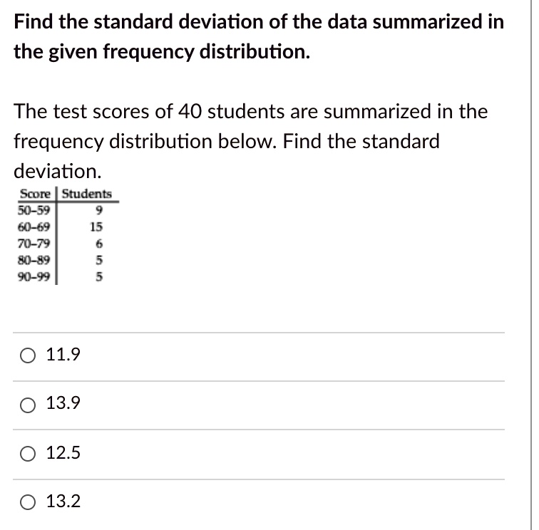 SOLVED:Find the standard deviation of the data summarized in the given frequency distribution ...