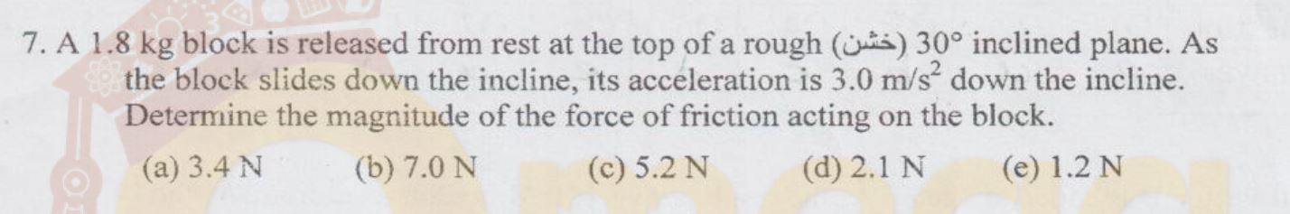 7. A 1.8 kg block is released from rest at the top of a rough (???) 30^∘ inclined plane. As the ...