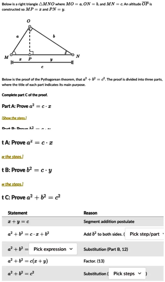 SOLVED: Below is a right triangle AMNO where MO = a, ON = b, and MN is ...