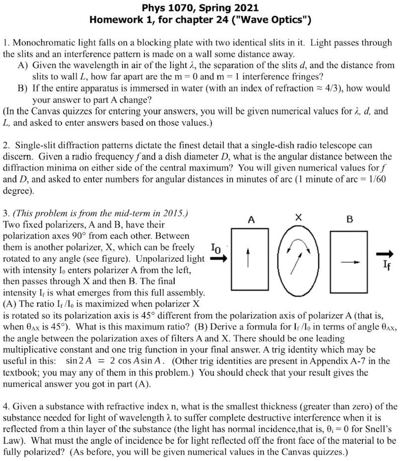 SOLVED: Phys 1070, Spring 2021 Homework 1, for chapter 24 ("Wave Optics ...