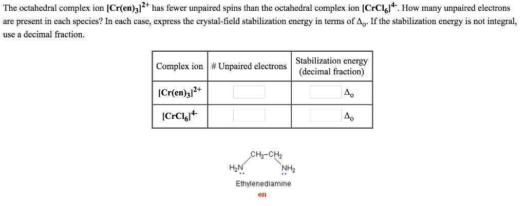 SOLVED: The octahedral complex ion [Cr(en)3/2+ has fewer unpaired spins than the octahedral ...
