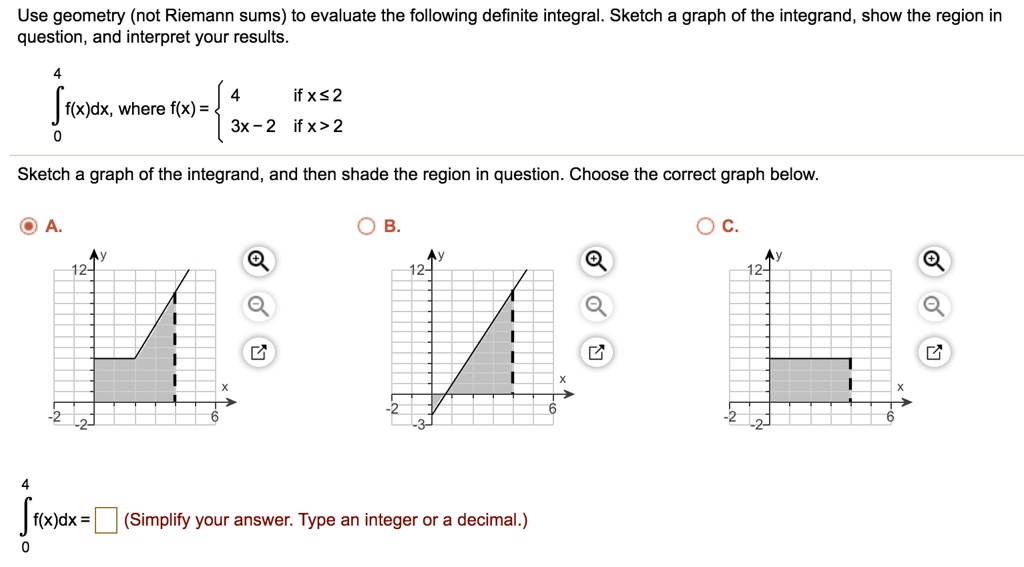 SOLVED: Use geometry (not Riemann sums) to evaluate the following ... SOLVED: Use geometry (not Riemann sums) to evaluate the following ...