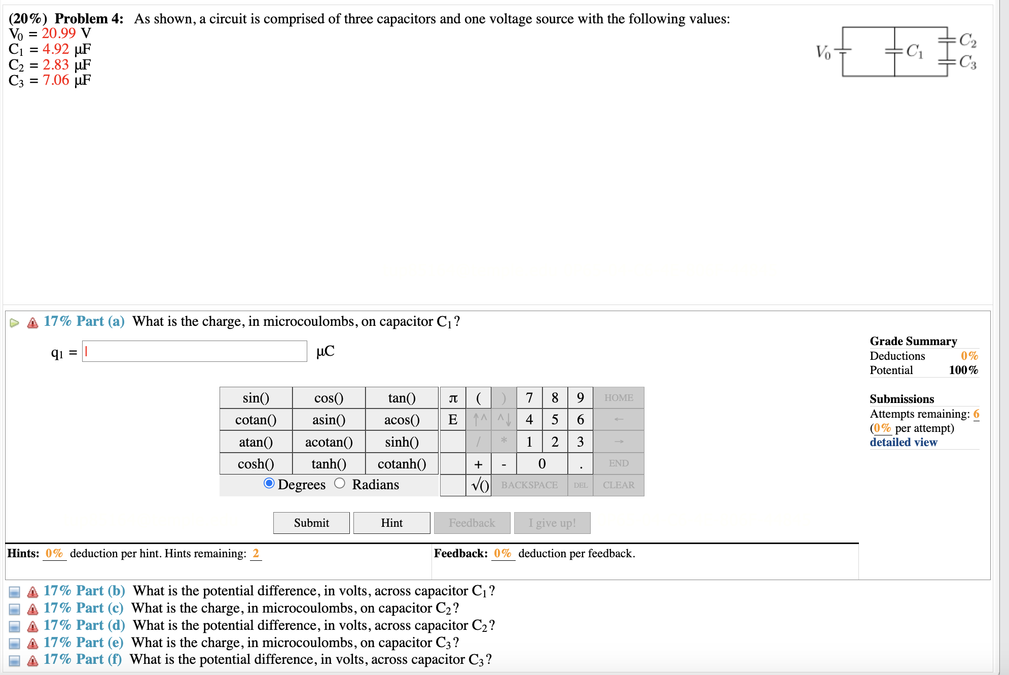 (20%) Problem 4: As shown, a circuit is comprised of three capacitors ...