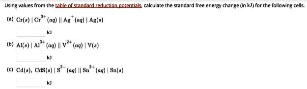 SOLVED: Texts: Using values from the standard reduction potentials, calculate the energy change ...