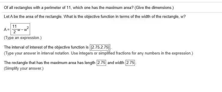 SOLVED: Of all rectangles with perimeter of 11 which one has the ...