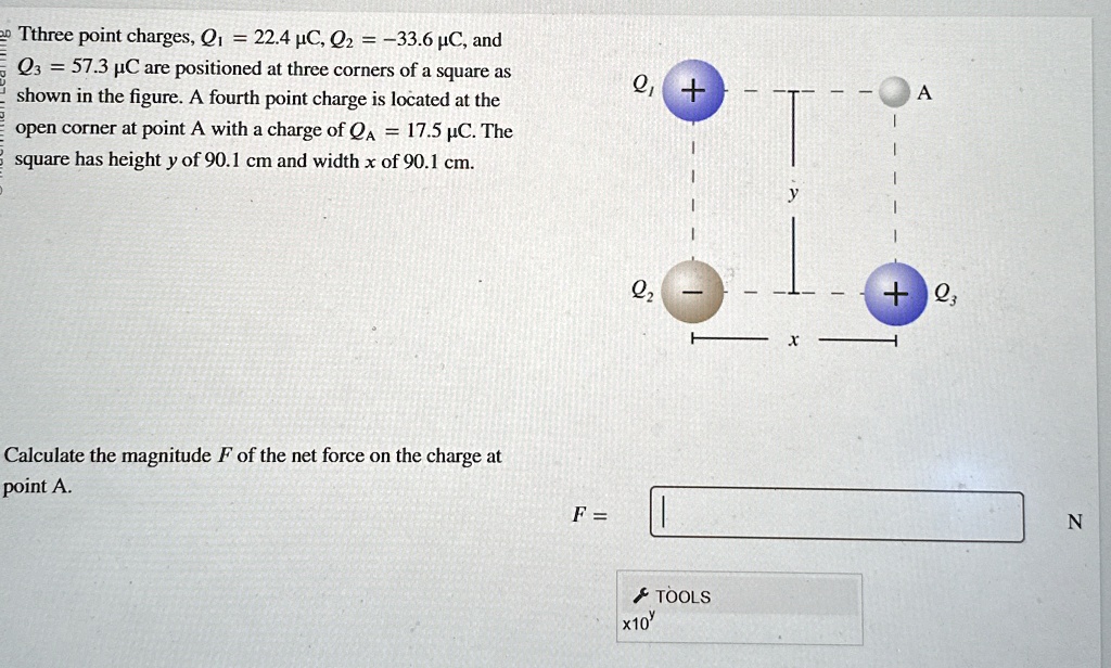 three point charges q1 224 mu c q2 336 mu c and q3 573 mu c are positioned at three corners of a ...