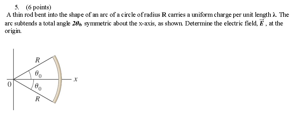 SOLVED: (6 points) A thin rod bent into the shape of an arc of a circle ofradius R carries a ...