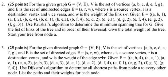 Solved 25 Points For The Given Graph G Ve V Is The Set Of Vertices A B D E G And E Is 