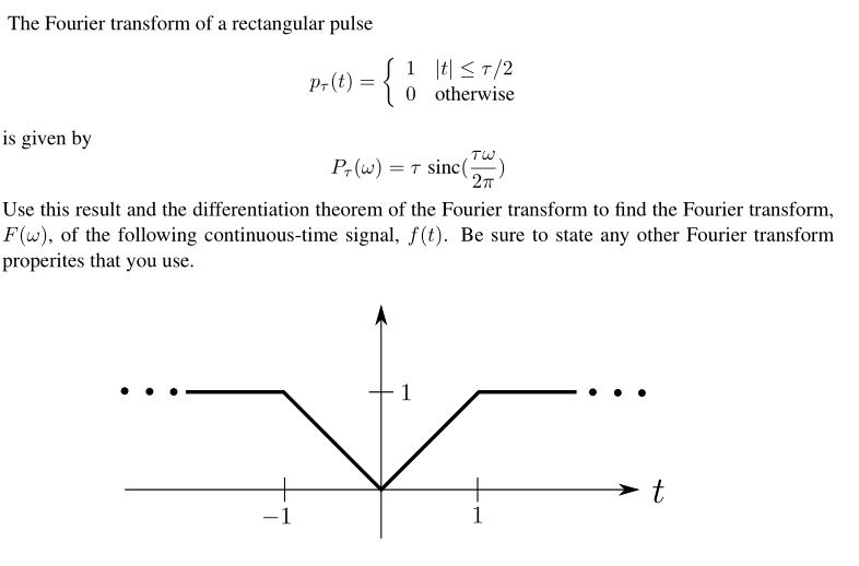 SOLVED: The Fourier transform of a rectangular pulse f(t) = T/2, -T/2 â ...