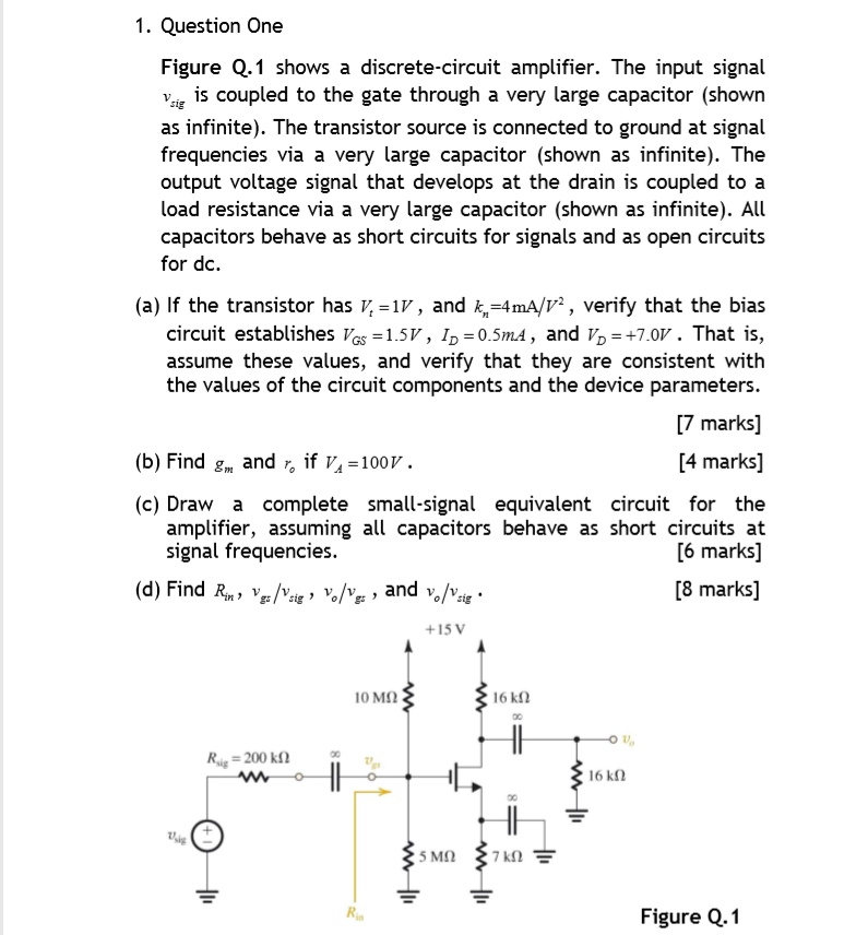 SOLVED: 1. Question One Figure Q.1 shows a discrete-circuit amplifier. The input signal v.ig is ...