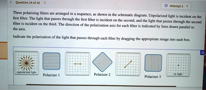 Question 14 of 16 Attempt 2 Three polarizing filters are arranged in a ...