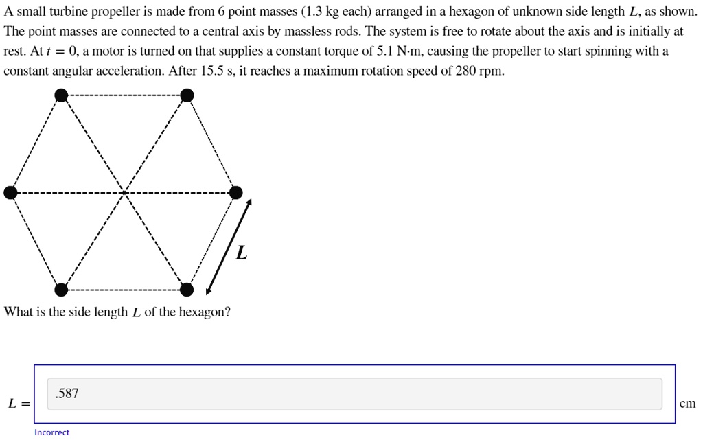 SOLVED: A small turbine propeller is made from 6 point masses (1.3 kg each) arranged in a ...