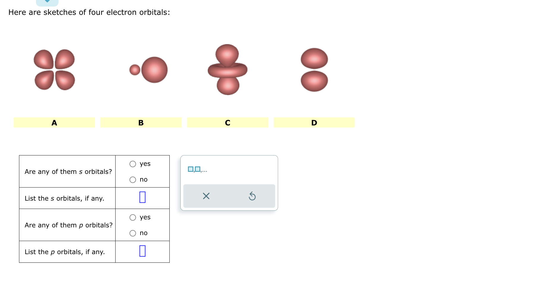here are sketches of four electron orbitals a b are any of them s ...