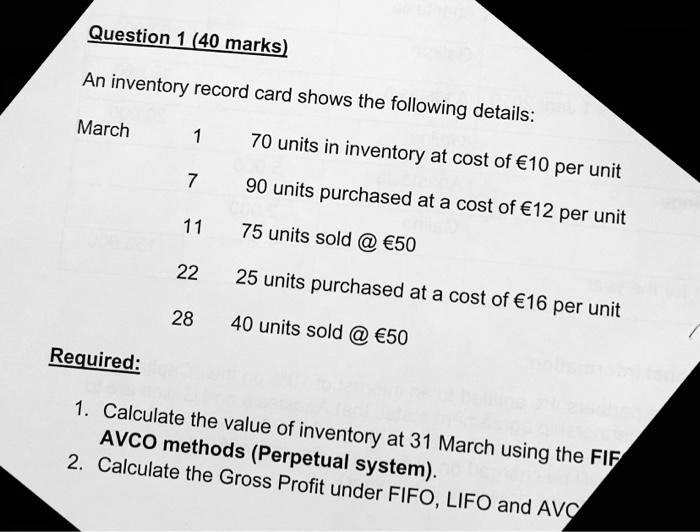 Question 1 (40 marks) An inventory record card shows the following ...
