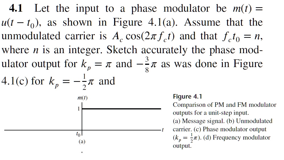 4.1 Let the input to a phase modulator be m(t) = u(t - t0),...