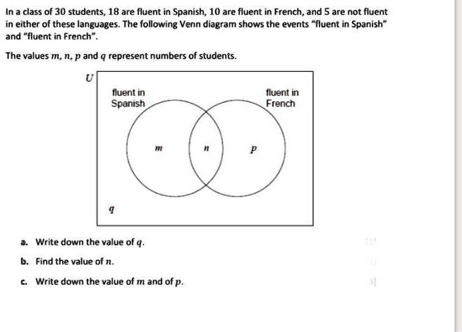 in a class of 30 students 18 are fluent in spanish 10 are fluent in ...