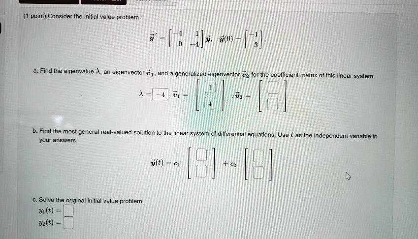 SOLVED: point) Consider the initial value problem y' KJv zo = [ ]1 Find the eigenvalue A an ...
