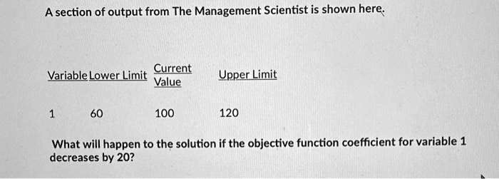 a section of output from the management scientist is shown here variablelower limit current ...