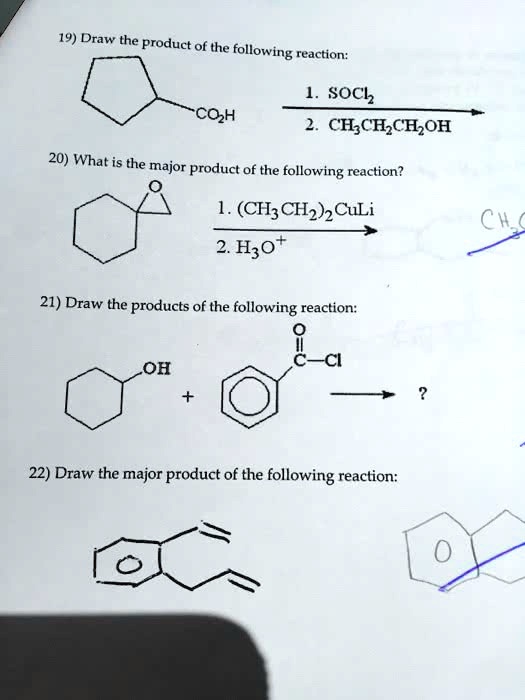 19) Draw the product of the following reaction: 1. SOCl2 CO2H 2. CH3CH2CH2OH 20) What is the ...