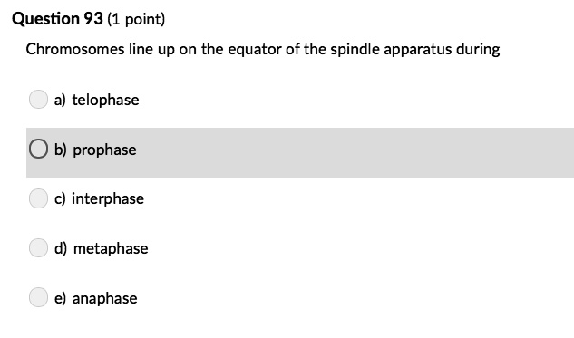 SOLVED: Question 93 (1 point) Chromosomes line up on the equator of the ...