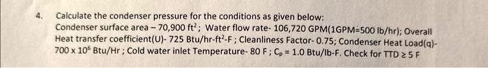 SOLVED: Calculate the condenser pressure for the conditions as given ...