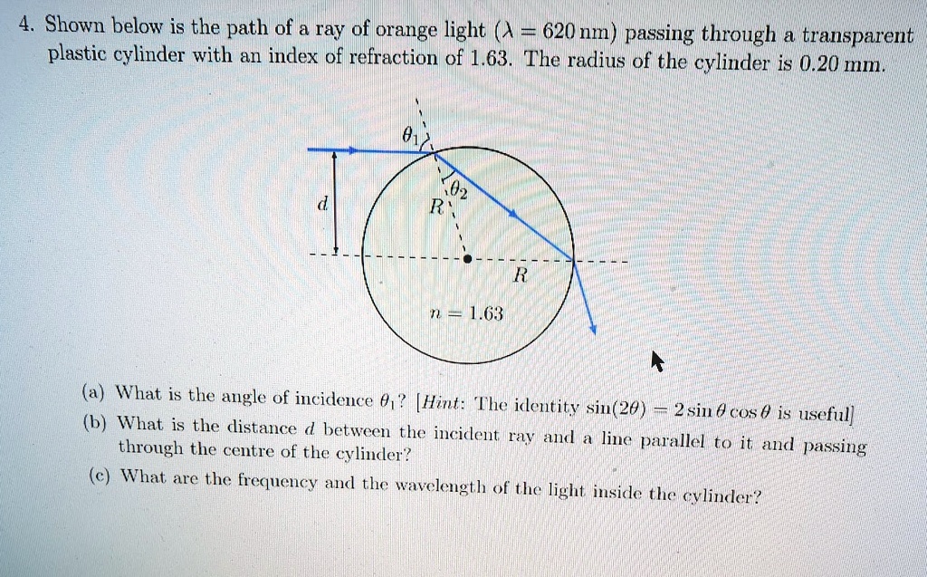 shown below is the path of a ray of orange light a 620 nm passing ...
