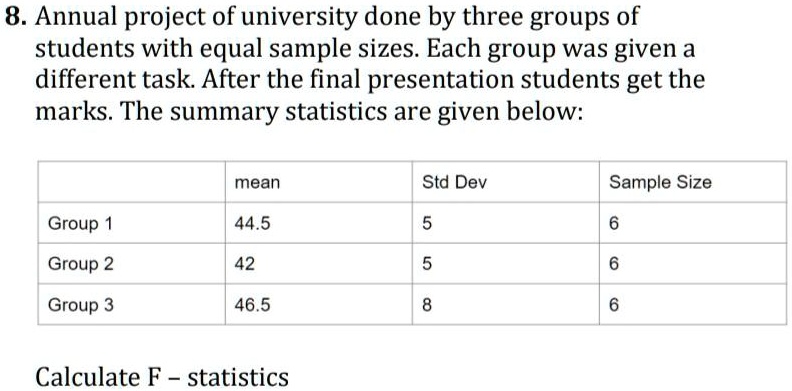 8. Annual project of university done by three groups of students with equal sample sizes. Each ...