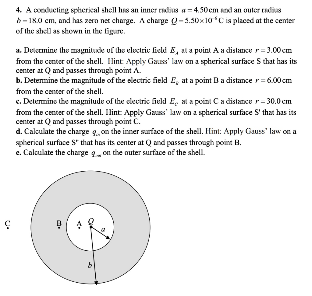 SOLVED:4. conducting spherical shell has an inner radius a = 4.50cm and an outer radius b=18.0 ...