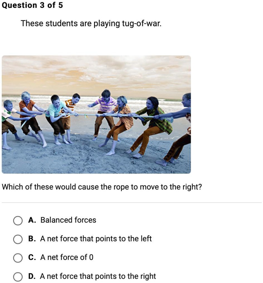 Question 3 of 5 These students are playing tug-of-war. Which of these ...