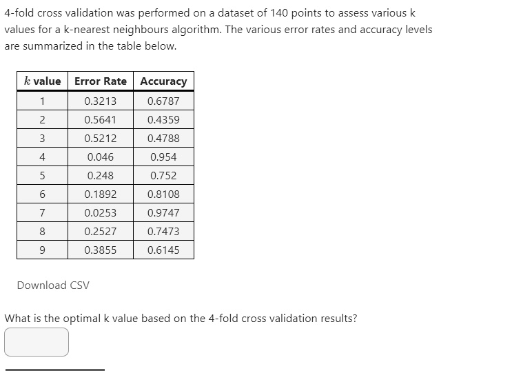 SOLVED: 4-fold cross validation was performed on a dataset of 140 ...