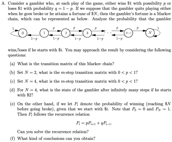 SOLVED: Consider a gambler who, at each play of the game, either wins 1 ...