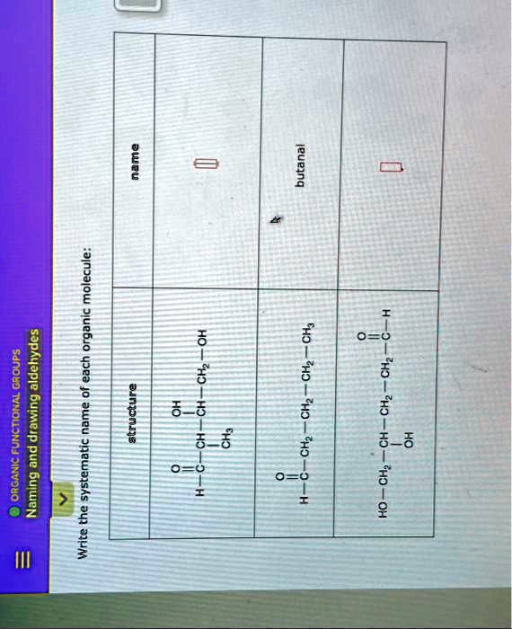 ORGANIC FUNCTIONAL GROUPS Naming and drawing aldehydes Write the systematic name of each organic ...